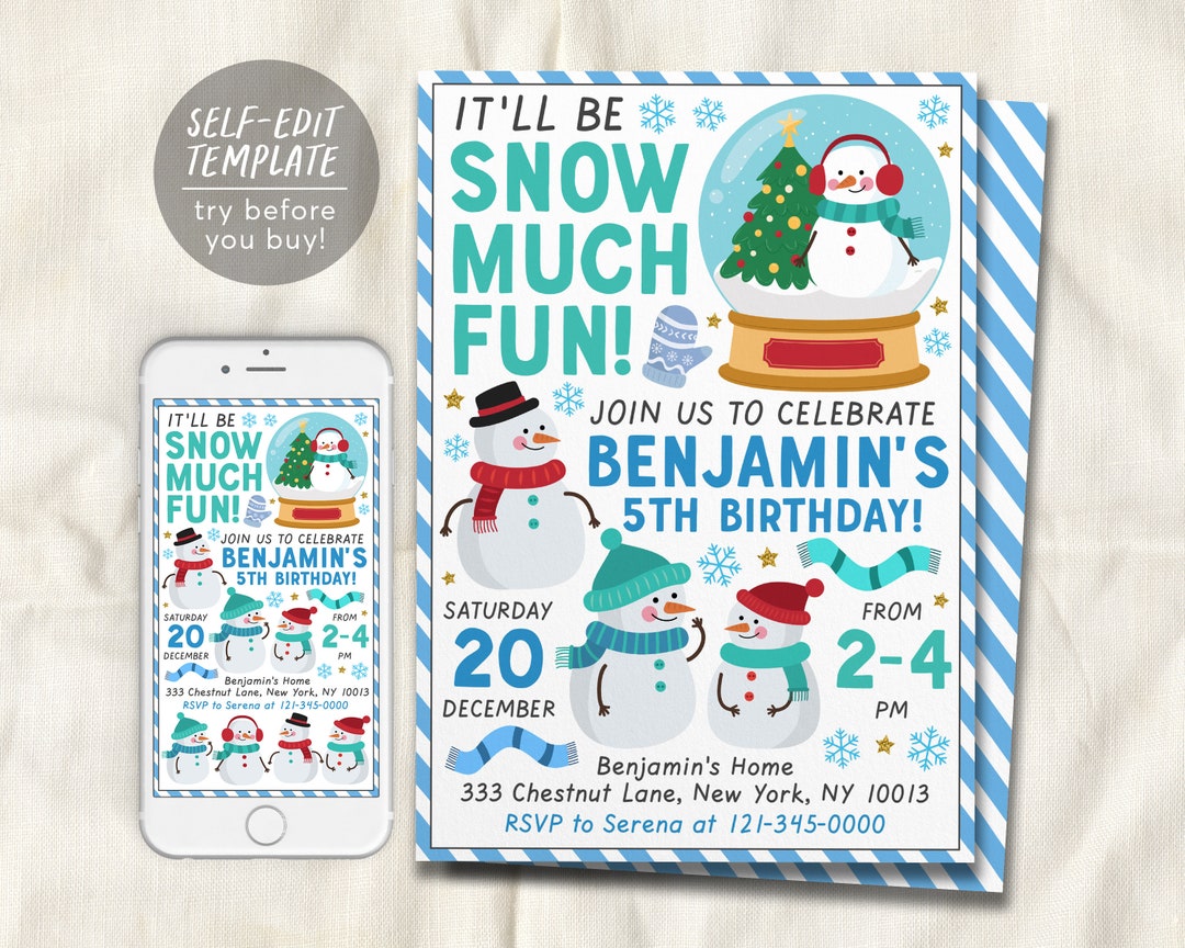 Snowman Birthday Party Invitation Editable Template, Winter Wonderland ...