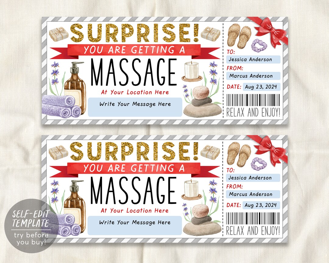 Massage Gift Certificate Ticket Editable Template, Surprise Salon Spa ...