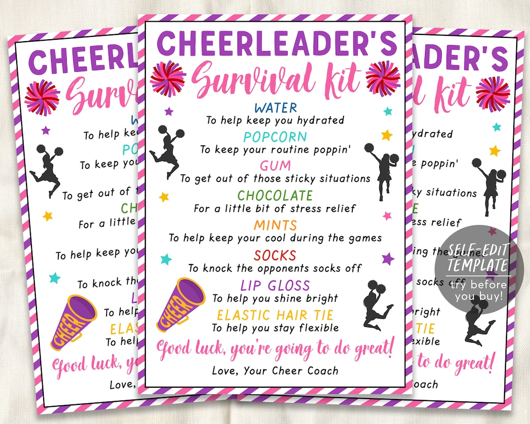Cheer Survival Kit Gift Tags Editable Template, Cheerleader Gift Idea ...