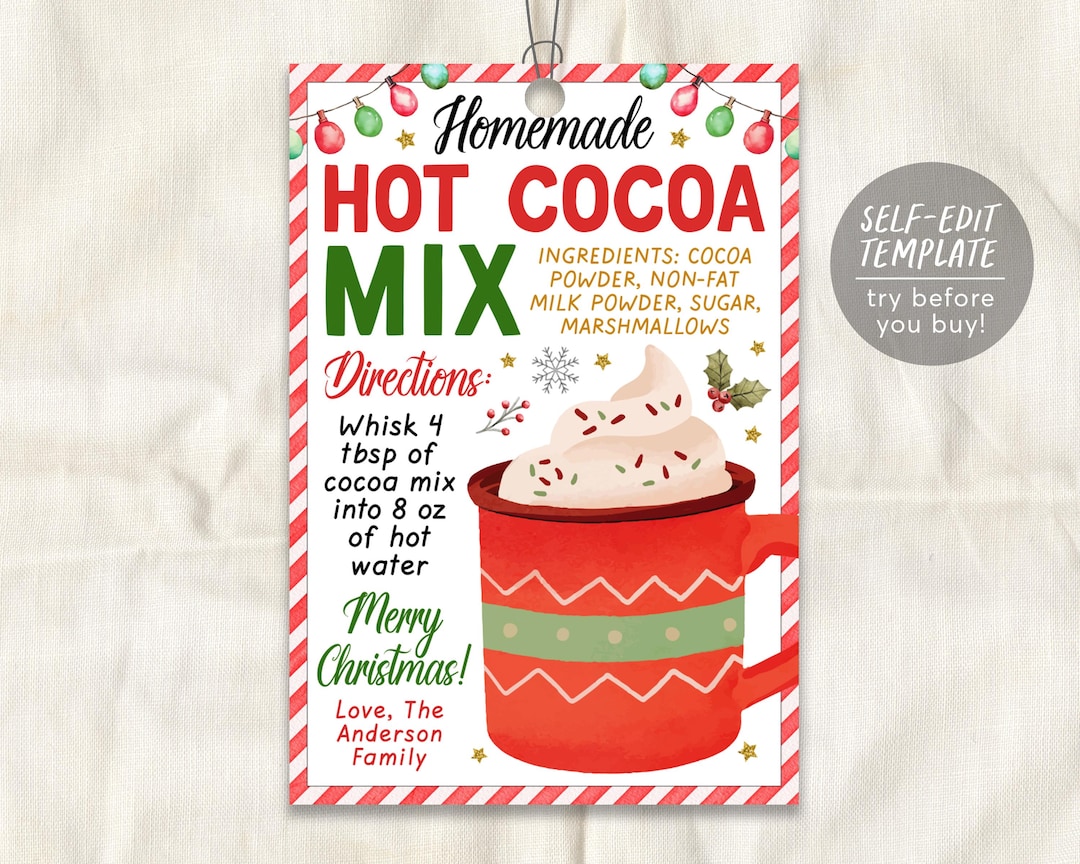 Hot Cocoa Mix in a Jar Gift Tag Editable Template, Christmas Mason Jar ...