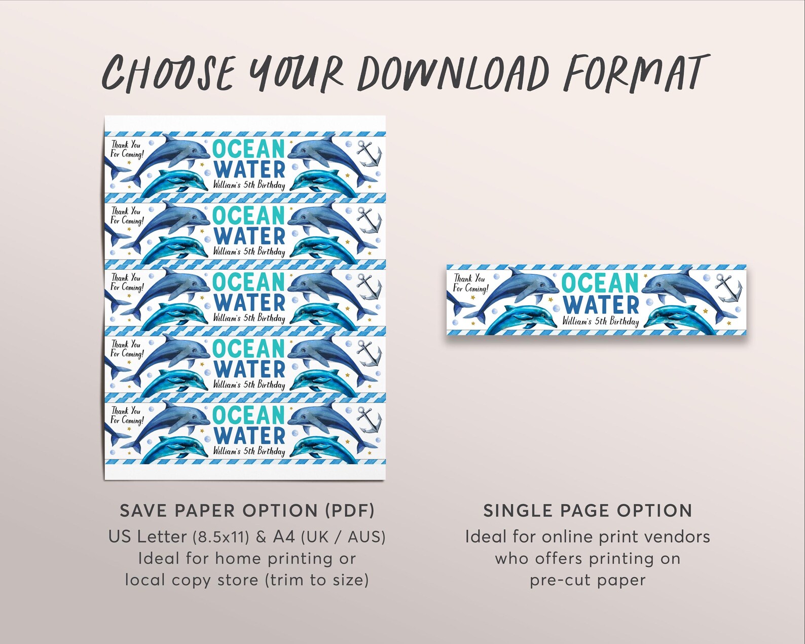 Dolphin Water Bottle Labels Editable Template, Boy Ocean Water Under ...