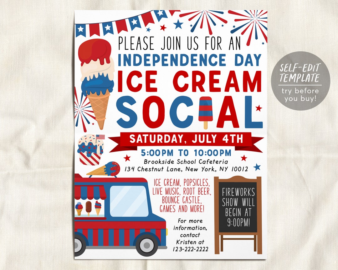 4th of July Ice Cream Social Flyer Editable Template, Independence Day ...