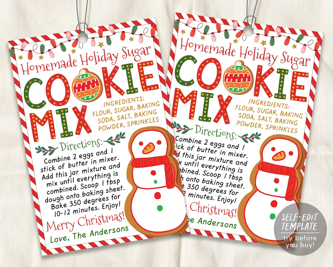 Sugar Cookie Recipe Christmas Gift Tag Editable Template, Holiday ...
