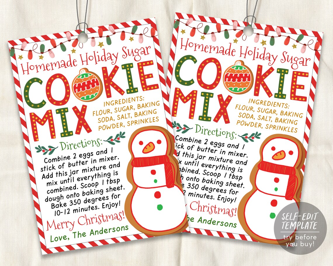 Sugar Cookie Recipe Christmas Gift Tag Editable Template, Holiday ...