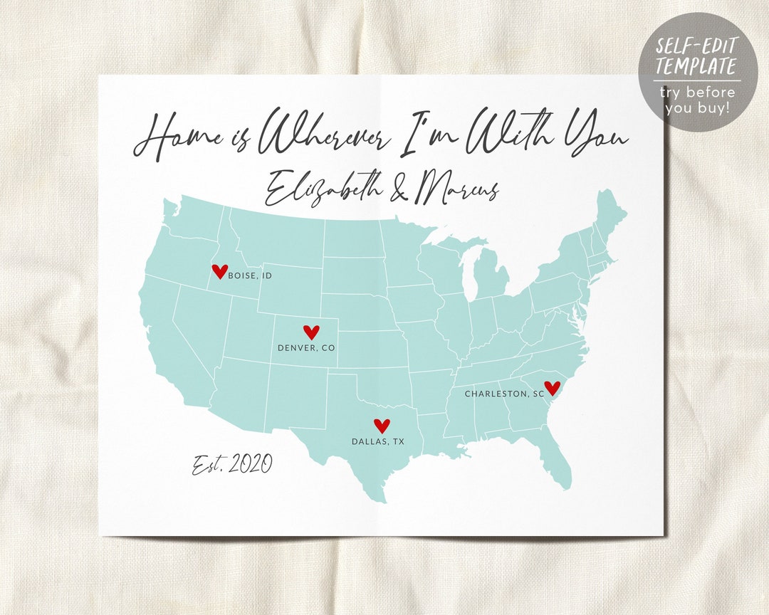 Editable Home is Wherever Im With You Travel Map Template, Military ...