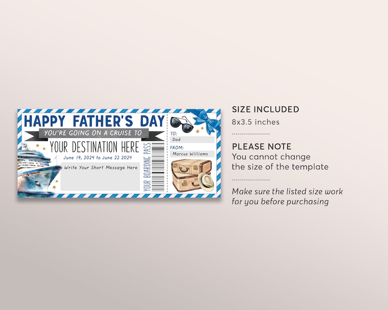 Fathers Day Cruise Boarding Pass Ticket Editable Template, Surprise ...