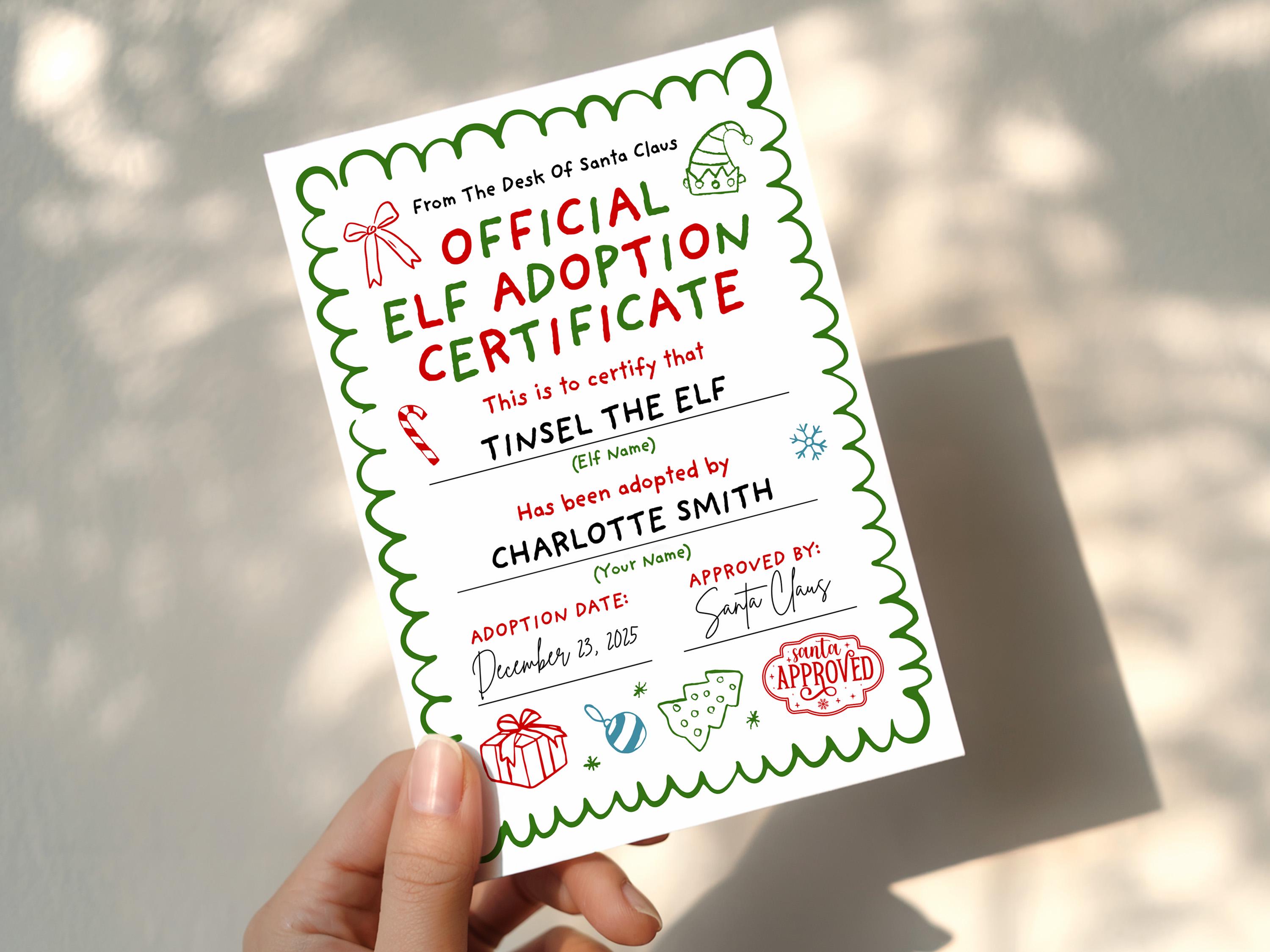 Elf Adoption Certificate, Editable Official Adopt an Elf Card ...