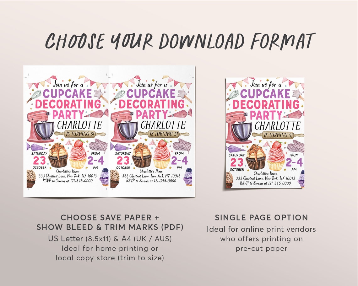 Cupcake Decorating Party Invitation Editable Template, Girl Baking ...