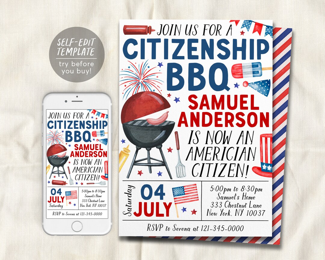 US Citizenship BBQ Party Invitation Editable Template, Naturalization ...