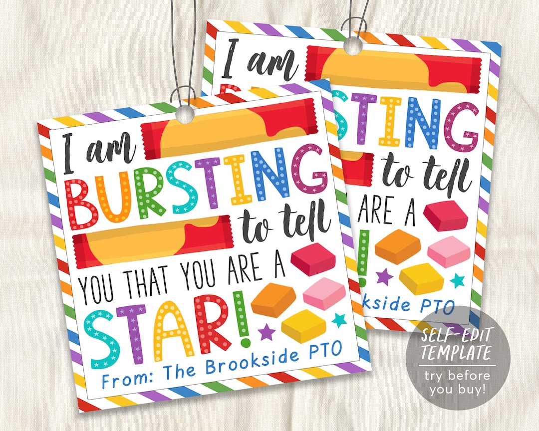 Bursting to Tell You Are A Star Gift Tag Editable Template, Teacher ...