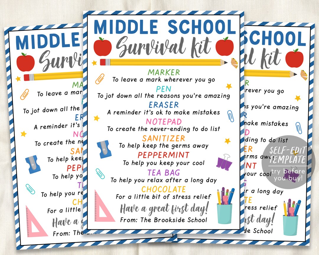 Middle School Student Survival Kit Gift Tags Editable Template, Back to ...