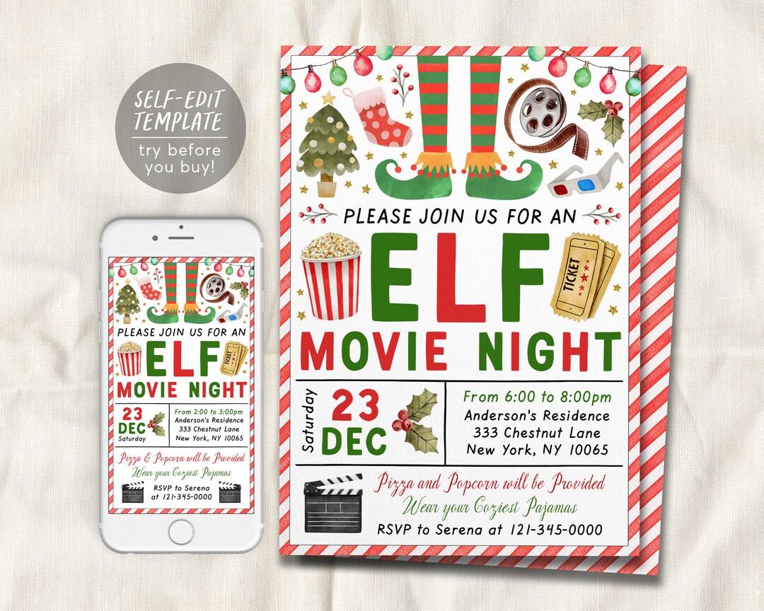 Elf Movie Night Invitation Editable Template, Christmas Movie Night ...