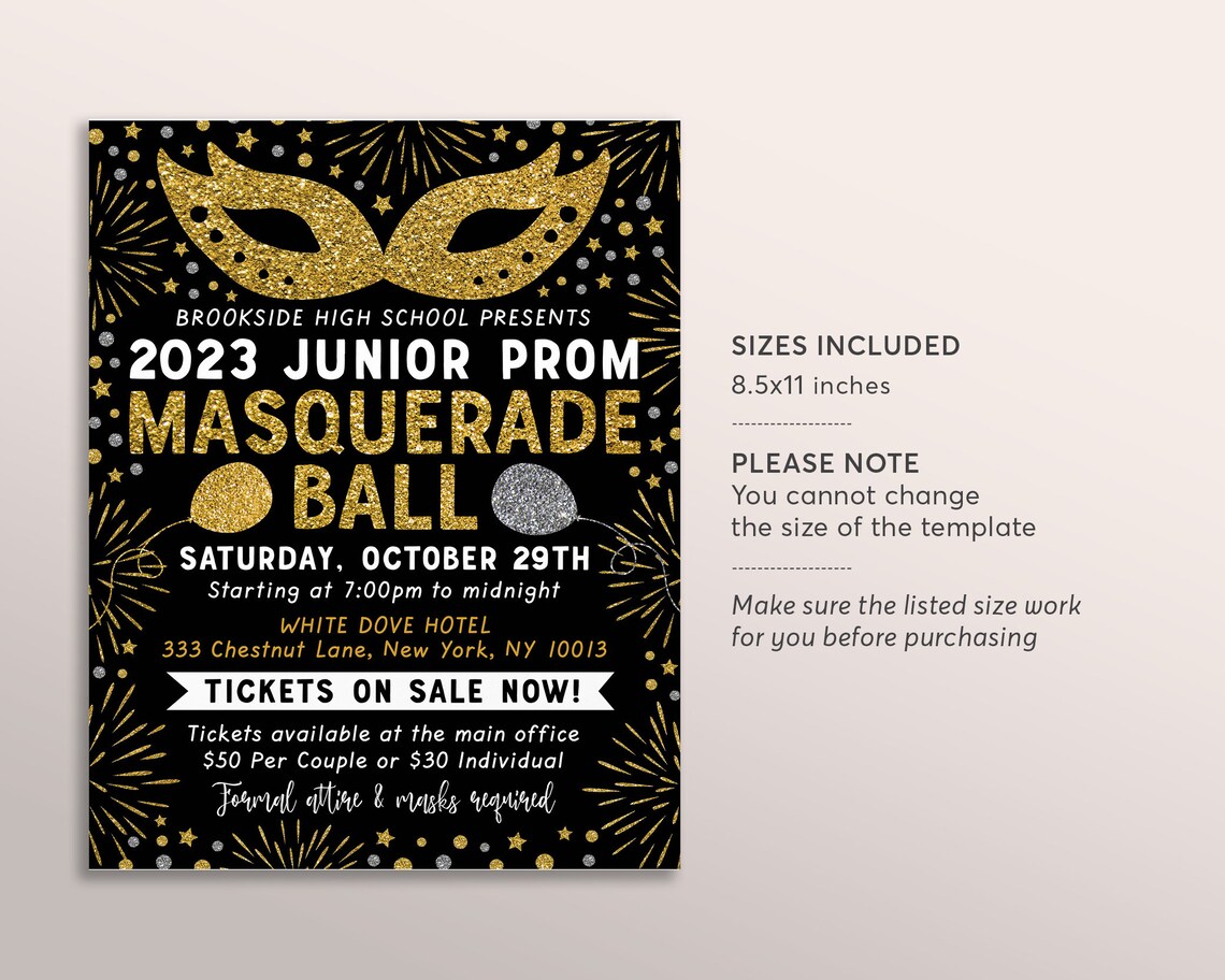 Prom Night Dance Flyer Masquerade Ball Editable Template - Etsy