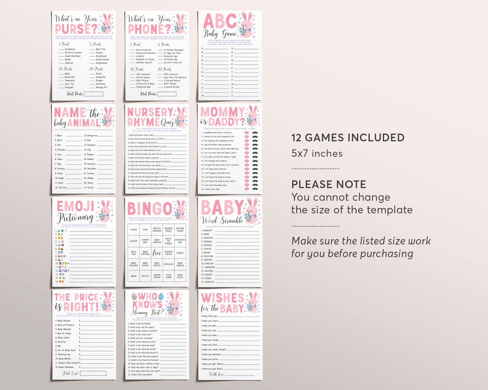 Bunny Baby Shower Games Bundle Editable Template, Easter Spring Baby 12 ...