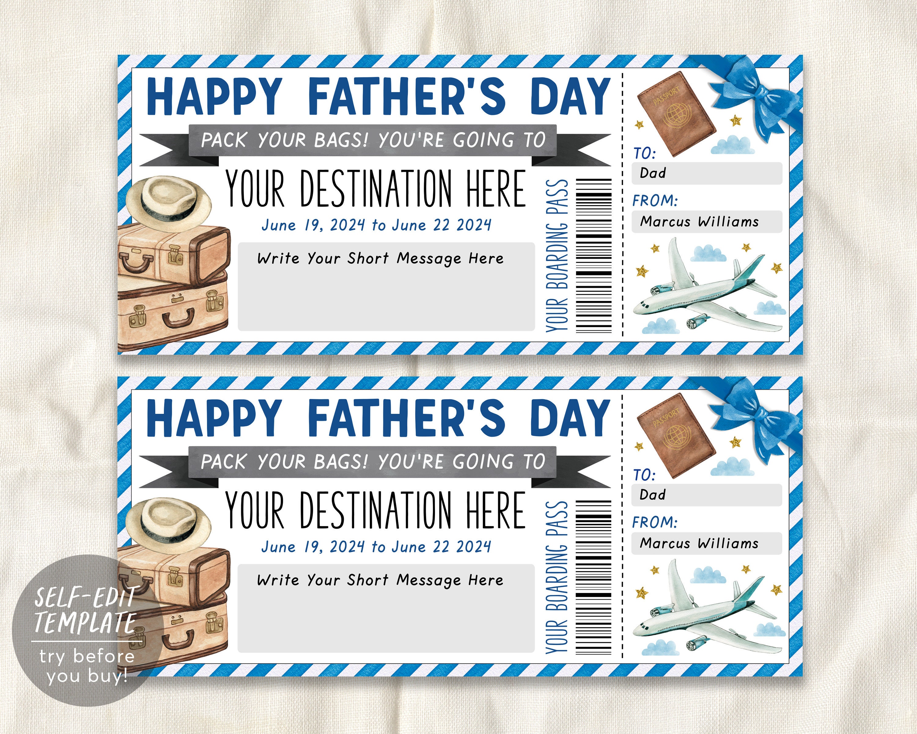 Fathers Day Surprise Boarding Pass Editable Template, Vacation Travel ...