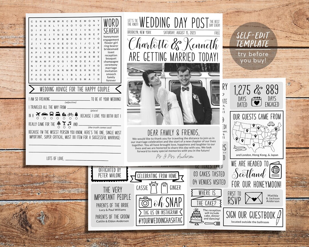 Mini Newspaper Wedding Program Editable Template, Wedding Timeline ...