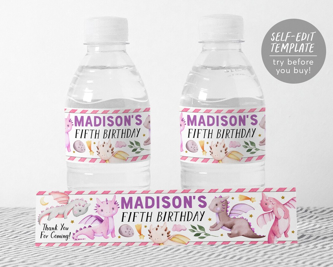 Dragon Birthday Water Bottle Labels Editable Template, Girl Magical ...