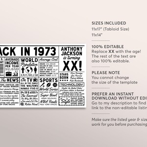 Back in 1973 Printable Placemat Editable Template, Born in 1973 Decor ...