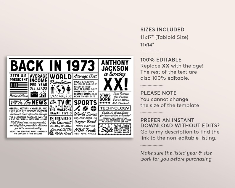 Back in 1973 Printable Placemat Editable Template Born in - Etsy