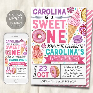 Sweet One Invitation Editable Template, Girl Donut First Birthday ...