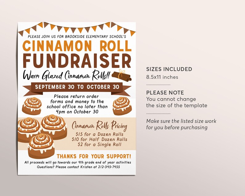 Cinnamon Roll Fundraiser Flyer Editable Template, Cinnamon Buns Sticky ...