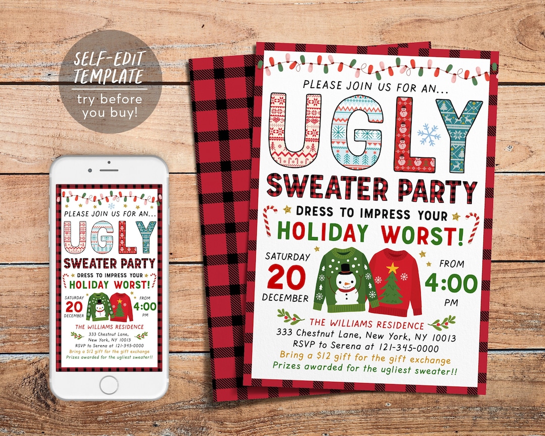 Ugly Christmas Sweater Party Invitation Editable Template, Holiday ...