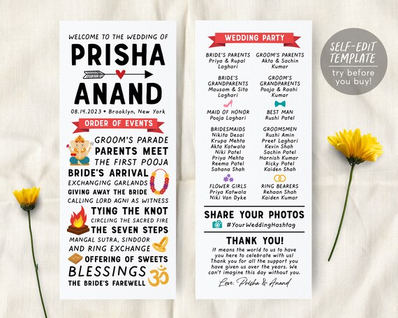 Editable Hindu Ceremony Program Template Long Hindu Order of - Etsy