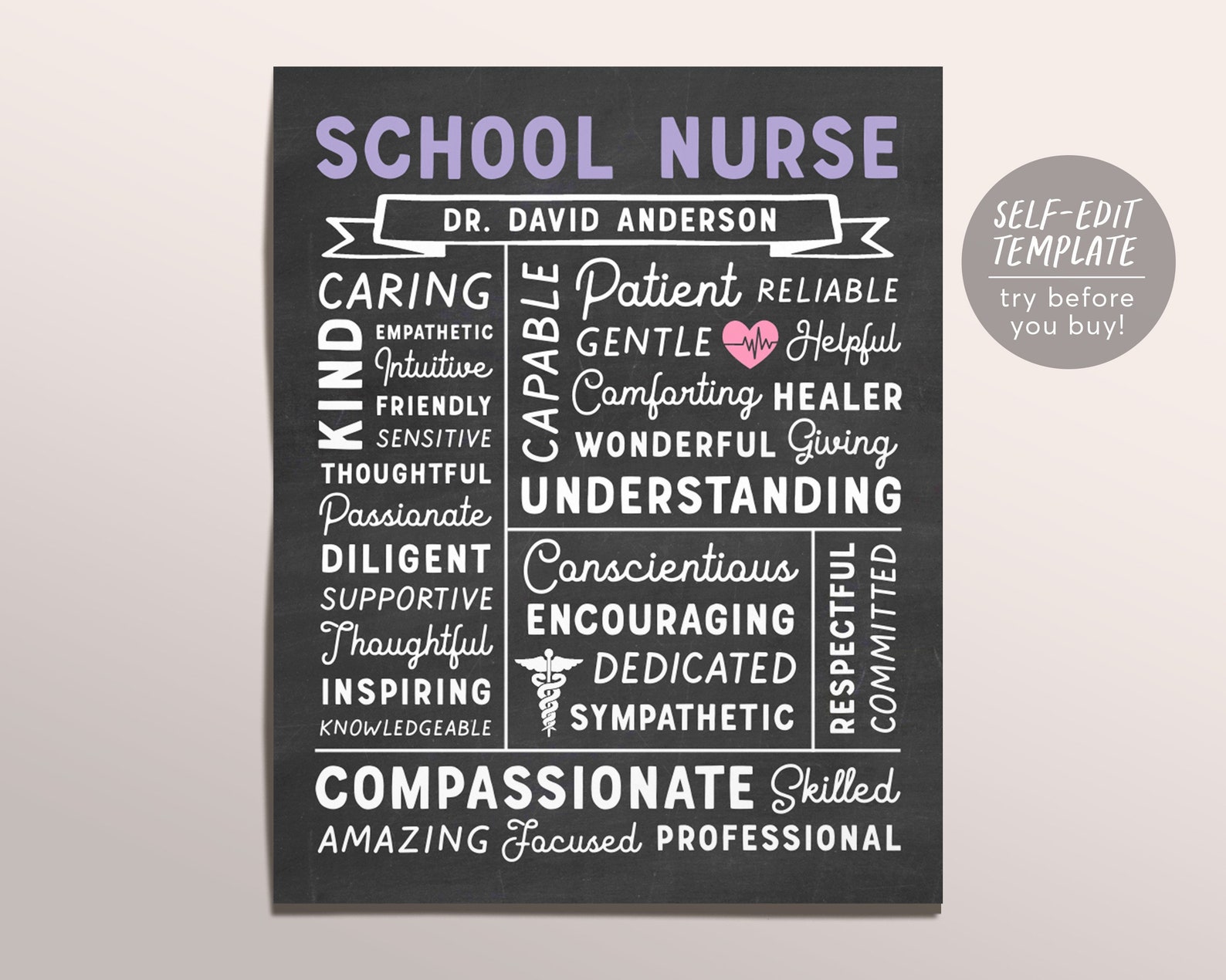 Editable School Nurse Chalkboard Gift Print Template, New Nurse ...