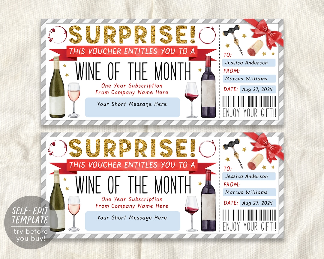 Wine Subscription Gift Certificate Editable Template, Surprise Wine ...