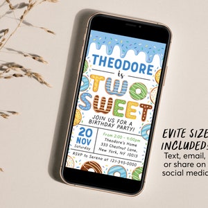 Donut Two Sweet Birthday Party Invitation Editable Template, Baby Boy ...
