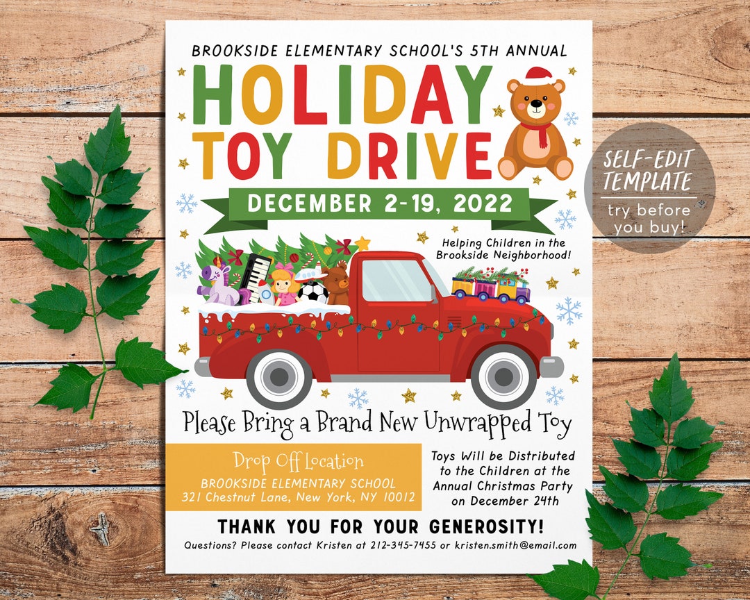 Holiday Toy Drive Flyer Editable Template, PTO PTA School Xmas ...
