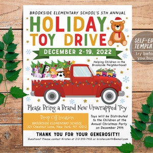 Holiday Toy Drive Flyer Editable Template, PTO PTA School Xmas ...