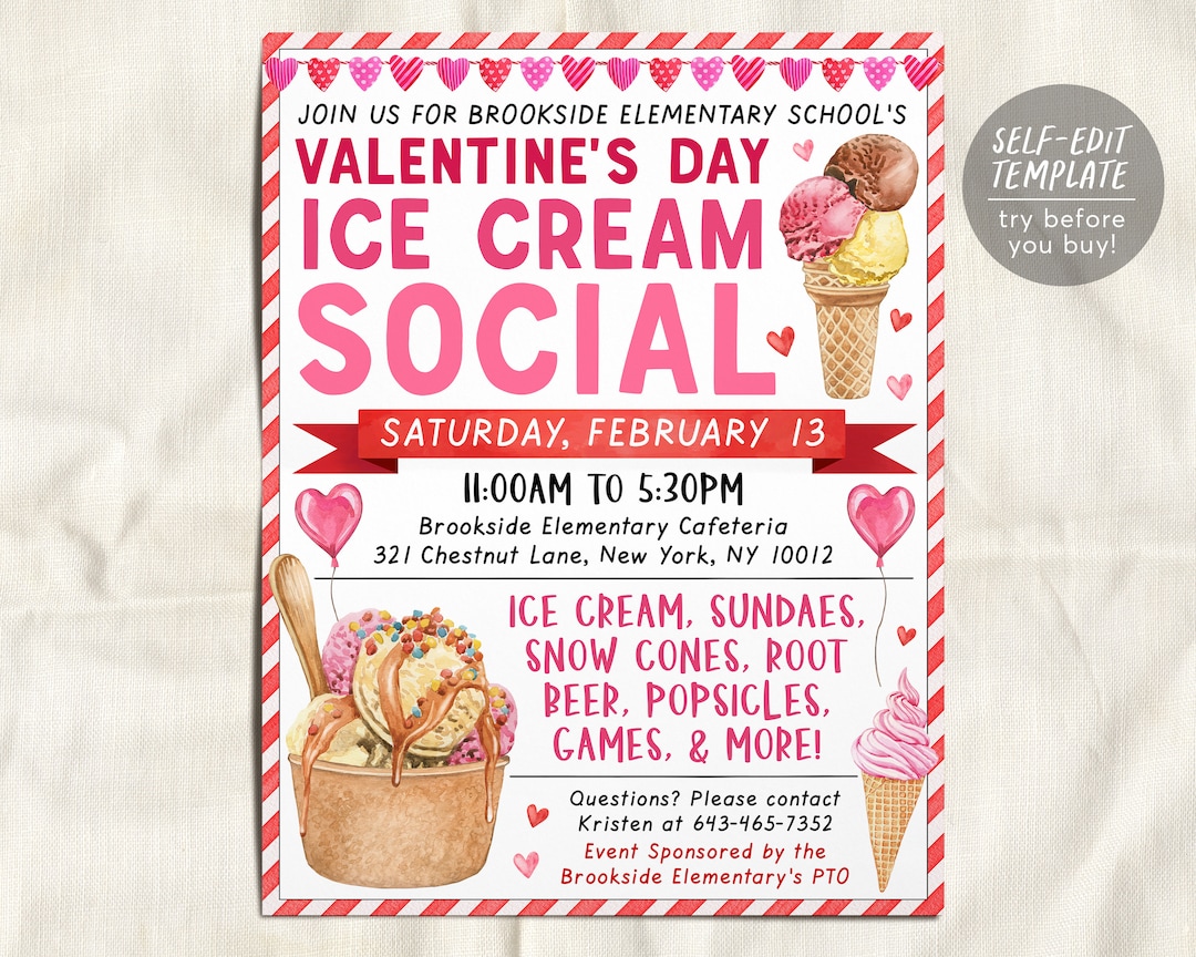 Valentine's Day Ice Cream Social Flyer Editable Template, Valentine Ice ...