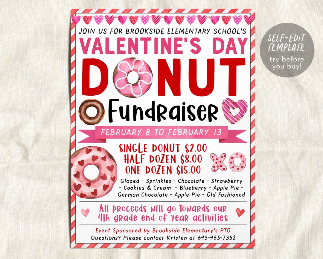 Valentine's Day Donut Fundraiser Flyer Editable Template, Valentine ...