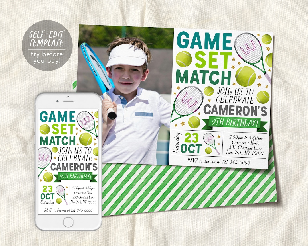 Tennis Birthday Invitation With Photo Editable Template, Boy Tennis ...