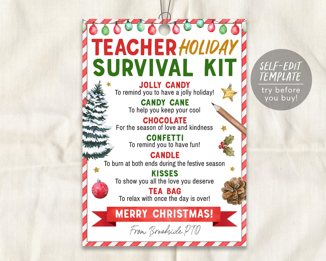 Holiday Teacher Survival Kit Tag Editable Template, Teacher's Christmas ...