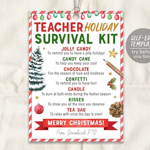 Holiday Teacher Survival Kit Tag Editable Template, Teacher's Christmas ...
