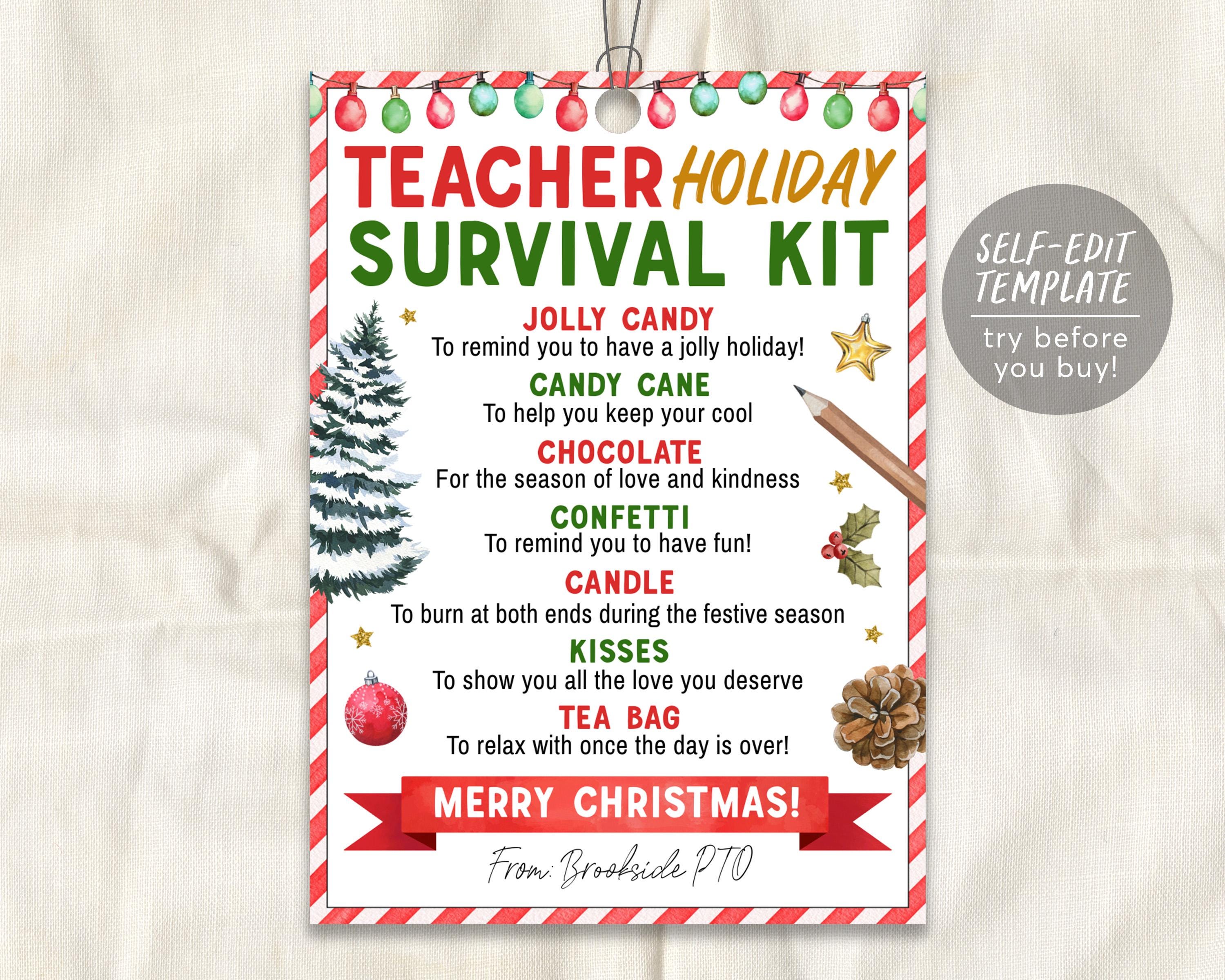 Holiday Teacher Survival Kit Tag Editable Template, Teacher's Christmas ...