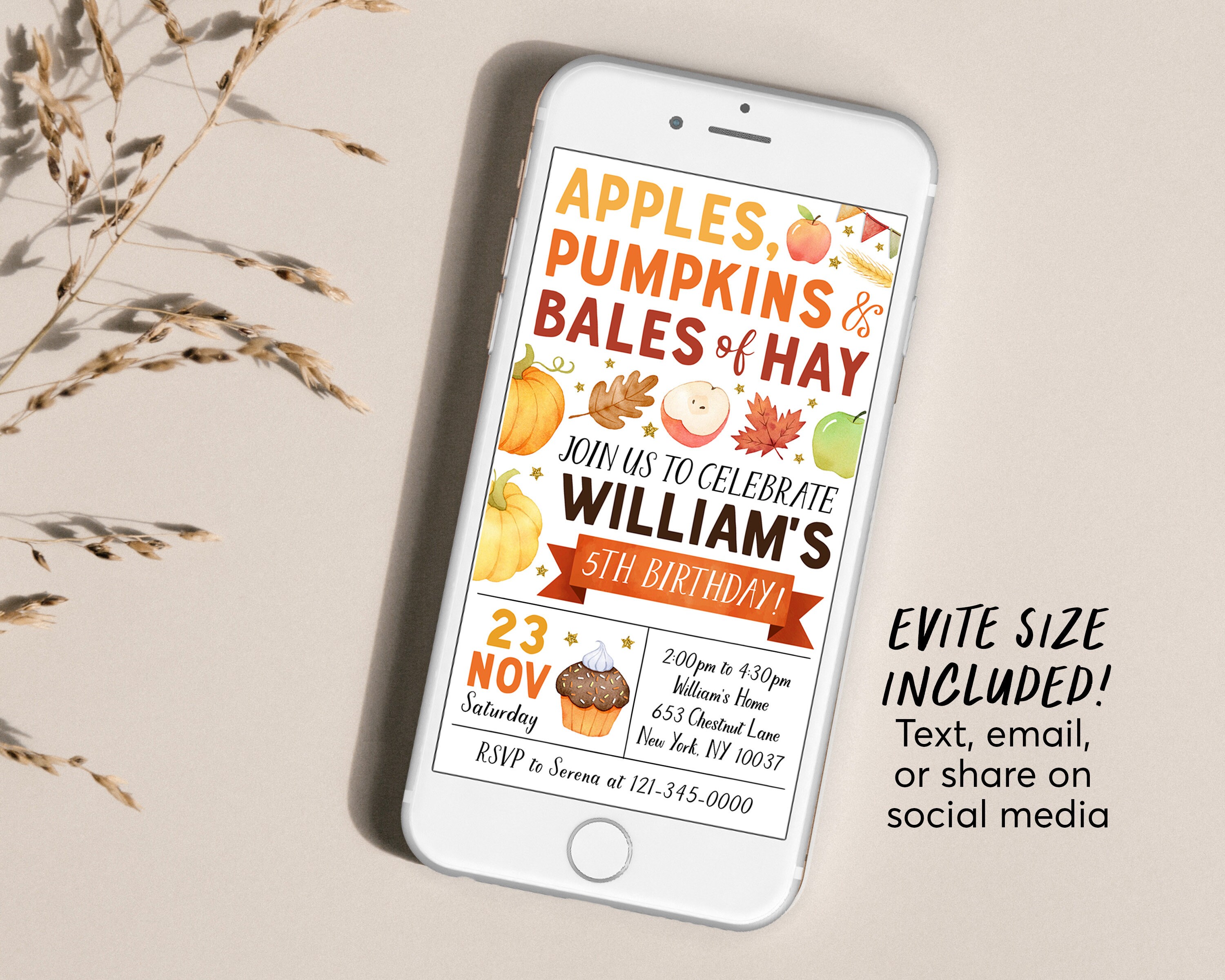 Apple and Pumpkins Birthday Invitation Editable Template, Kids Unisex ...