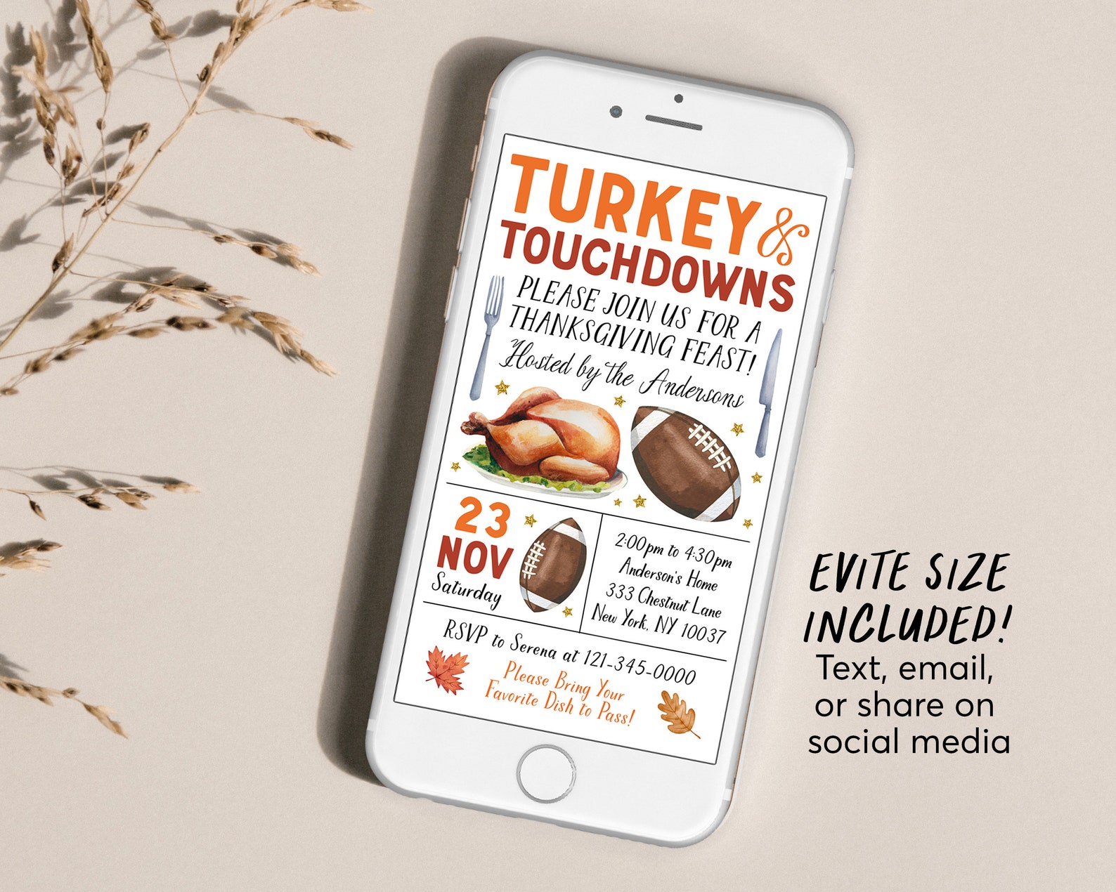 Turkey and Touchdowns Invitation Editable Template, Friendsgiving ...