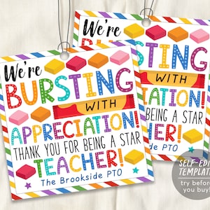 Bursting With Excitement Teacher Appreciation Gift Tag Editable ...