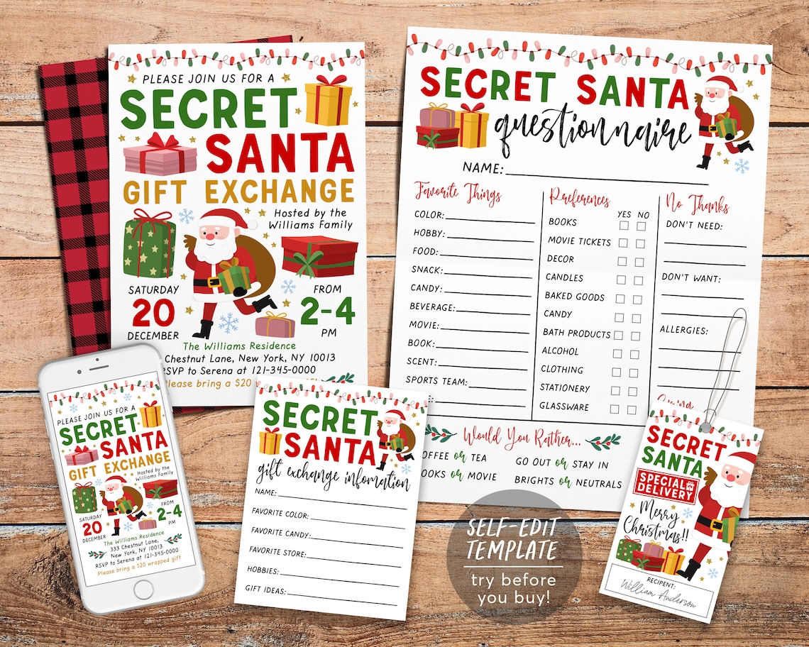 Secret Santa BUNDLE Kit Printable Editable Template Secret - Etsy