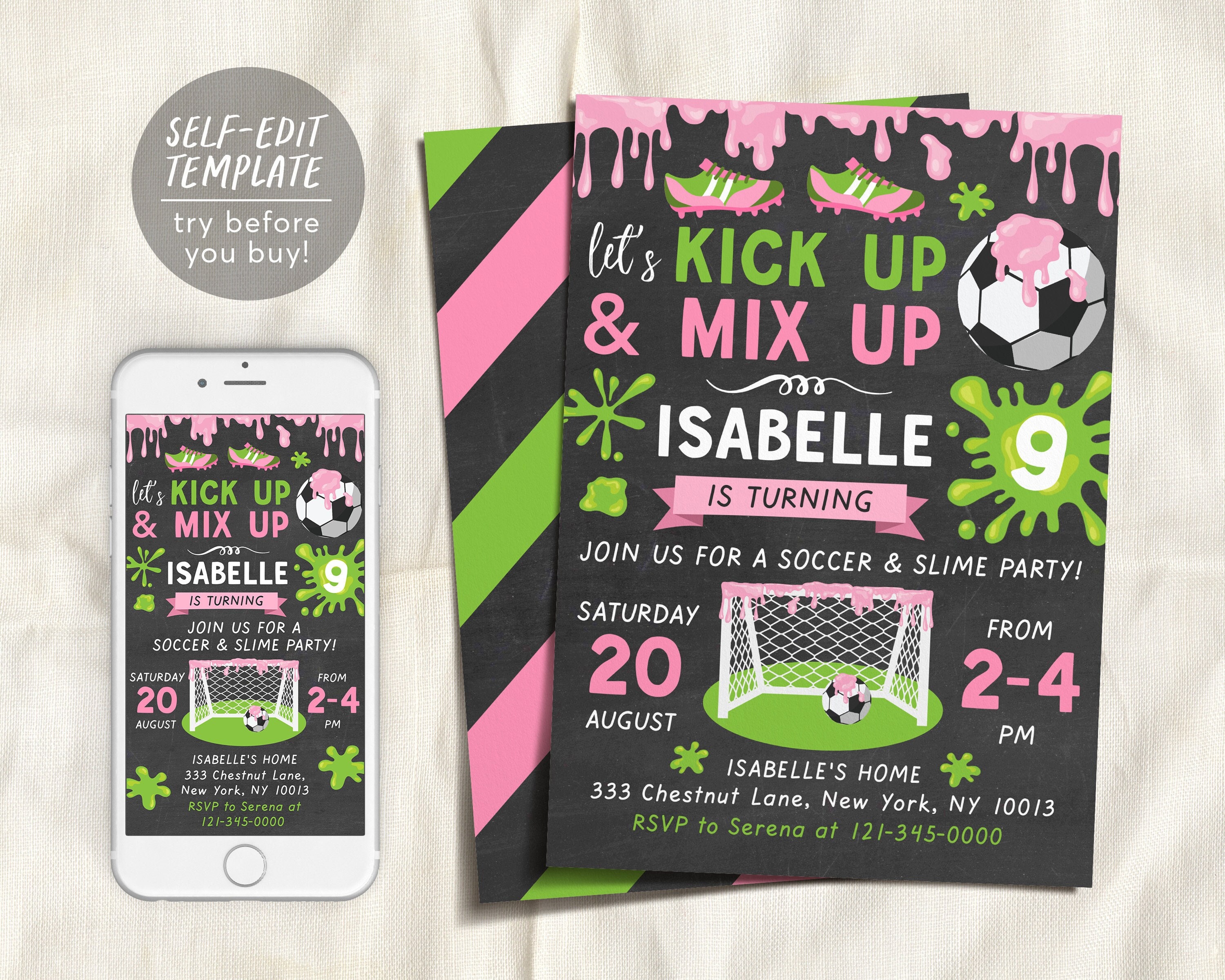 Girl Soccer and Slime Birthday Party Invitation Editable Template ...