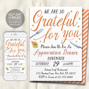 Grateful for You Appreciation Invitation Editable Template, Fall ...