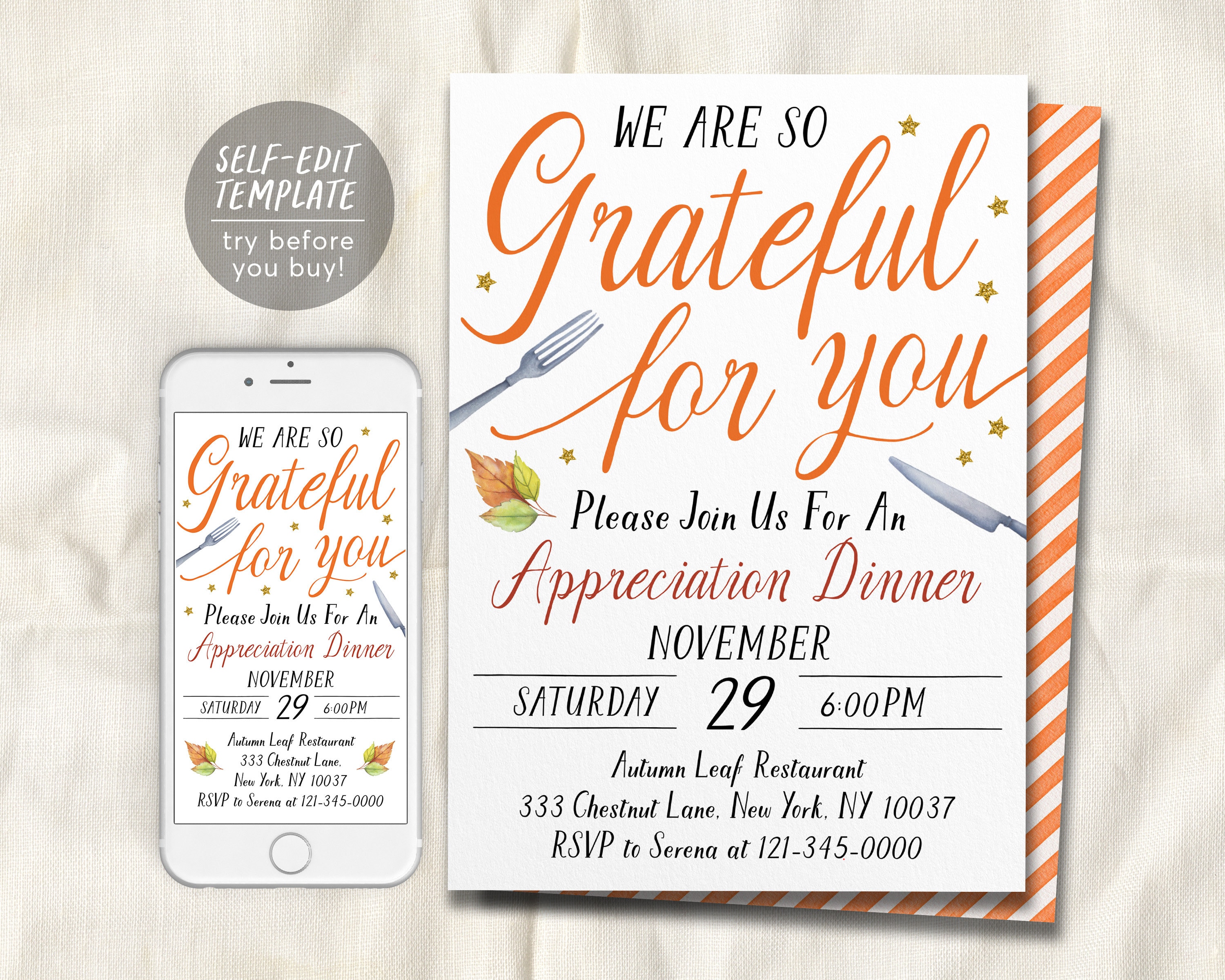 Grateful for You Appreciation Invitation Editable Template, Fall ...