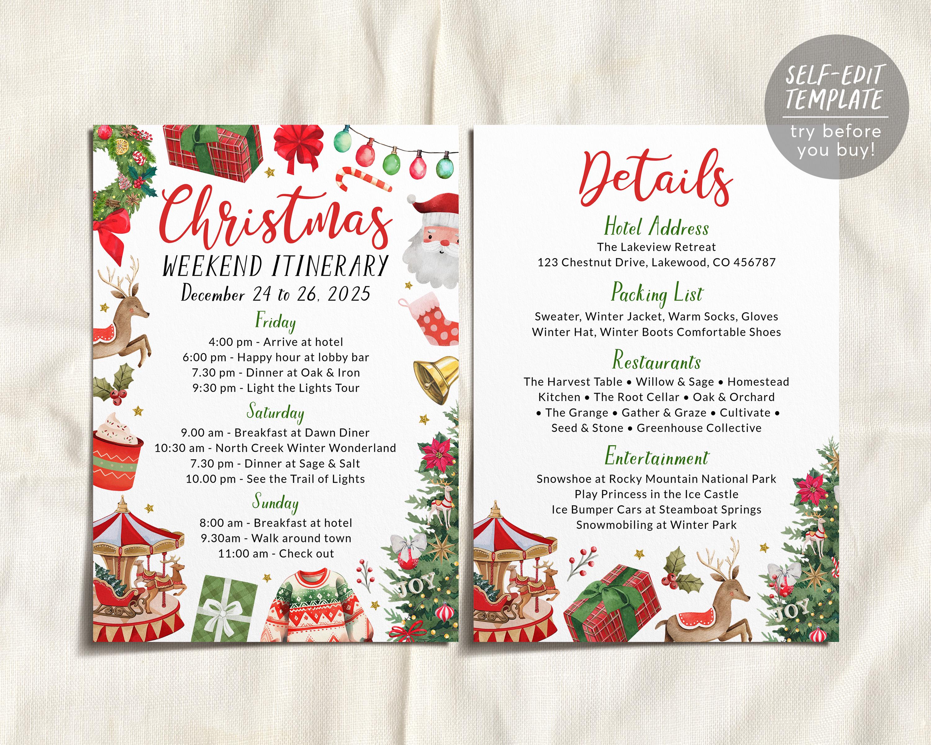 Christmas Weekend Itinerary Editable Template, Holiday Travel Weekend ...