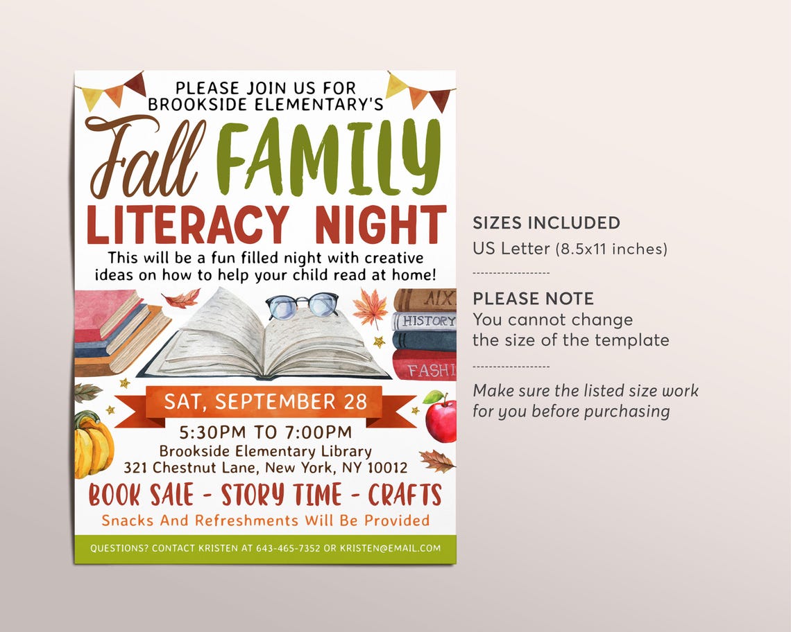 Family Fall Literacy Flyer Editable Template, School Book Sale School ...
