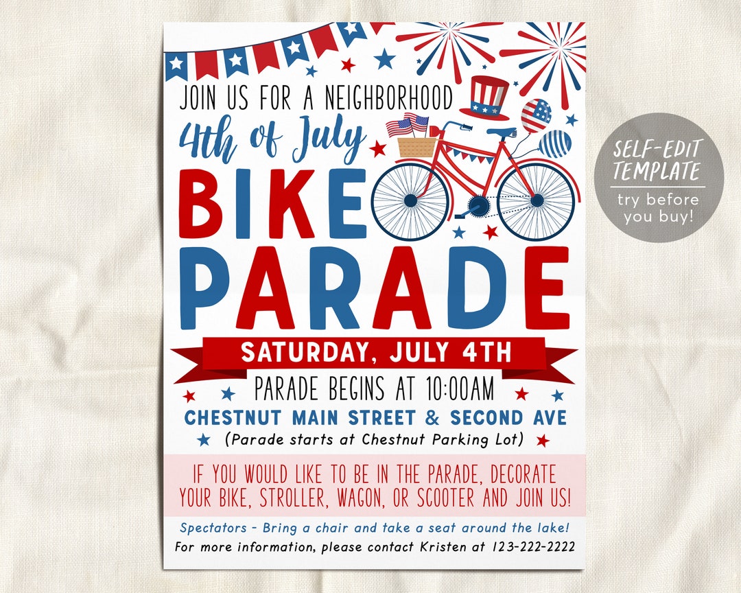 4th of July Bike Parade Flyer Invitation Editable Template, Bicycle Tricycle Family Parade ...