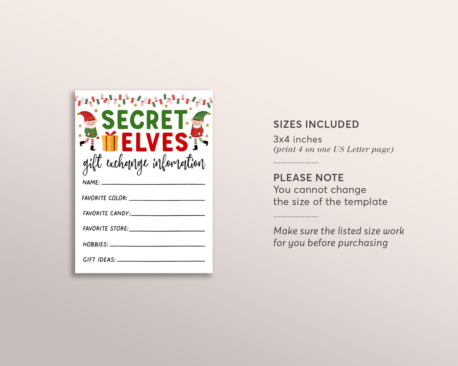 Secret Elves Gift Exchange Cards Editable Template Secret Elf - Etsy
