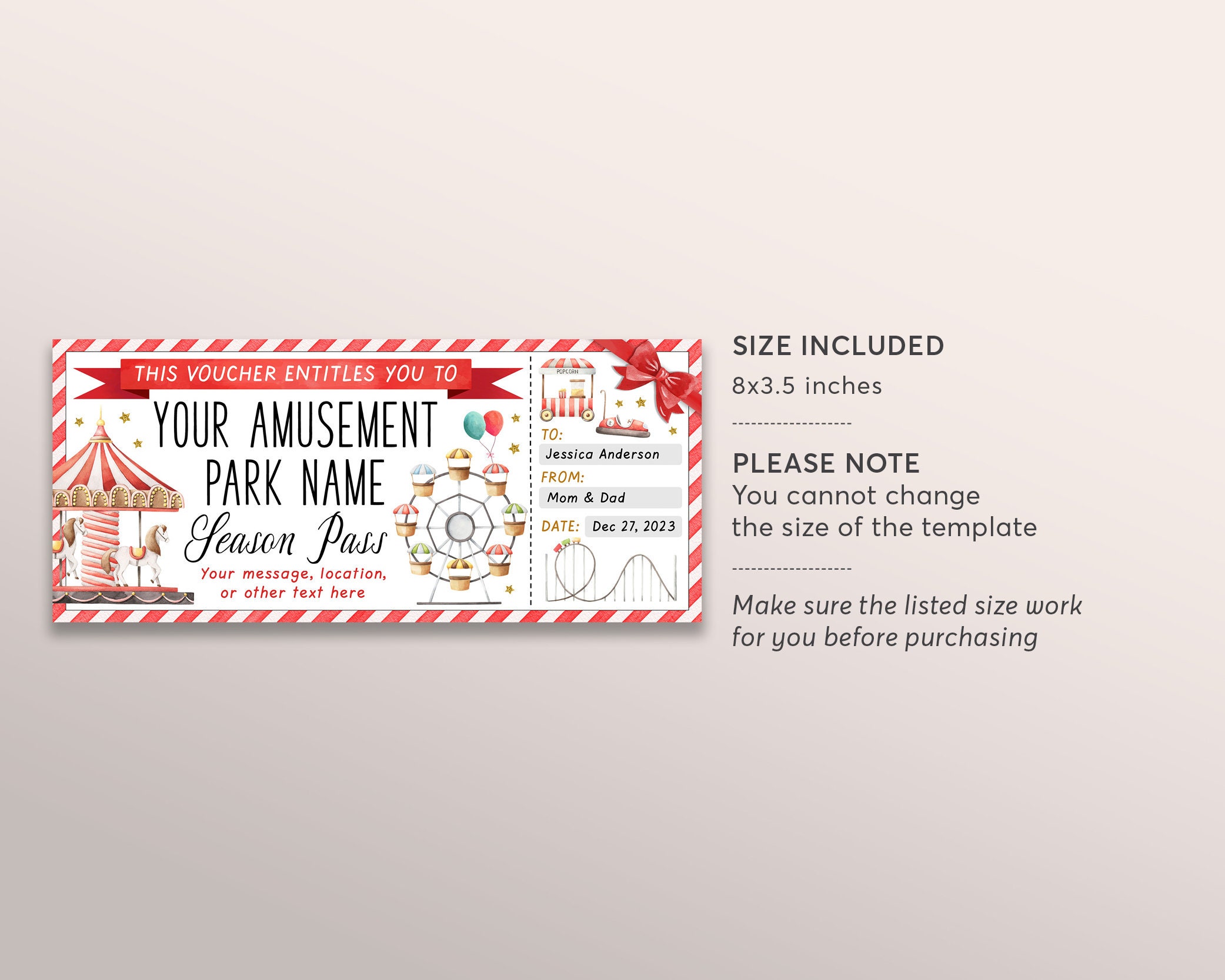 Amusement Park Season Pass Ticket Editable Template, Surprise Theme ...